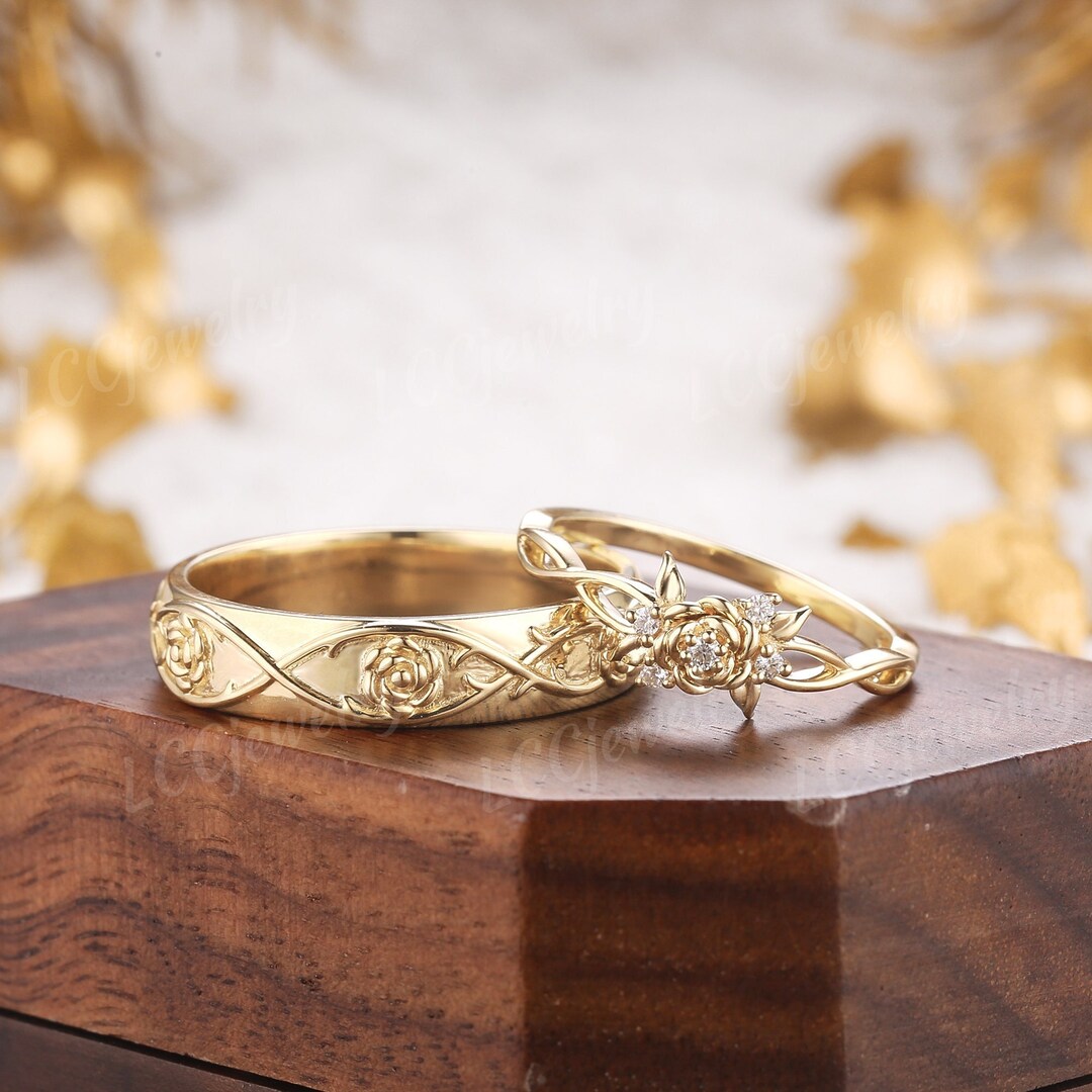 2pcs Rose Couple Rings Set Leaf Floral Moissanite Engagement Rings Mens ...