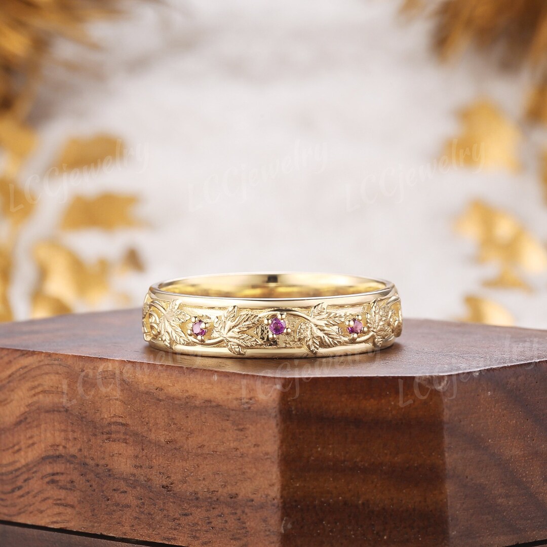 Nature Inspired Grape Leaves Mens Wedding Band Unique Yellow Gold ...