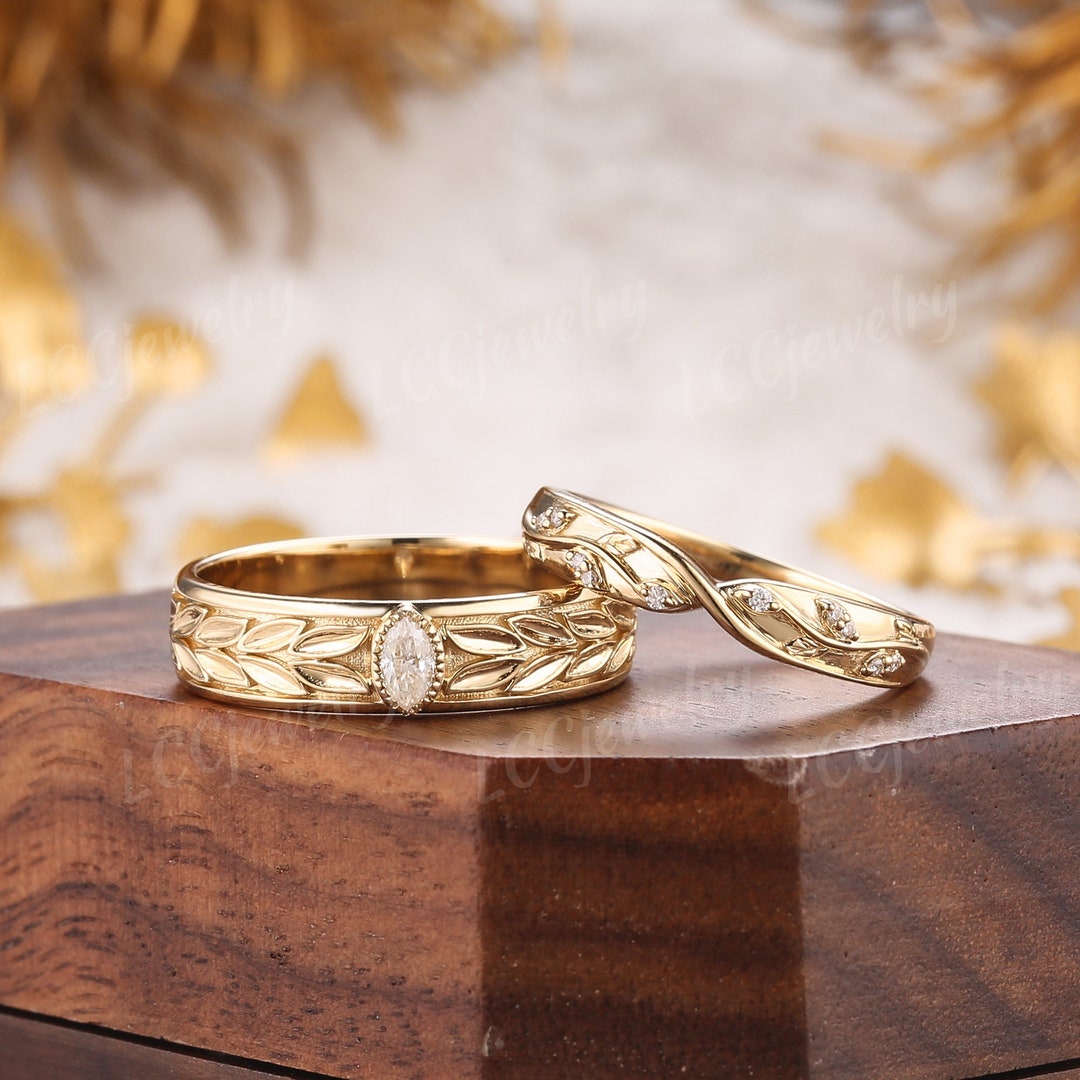 2pcs Moissanite Leaf Couple Rings Set Leaf Vine Wedding Band Mens ...