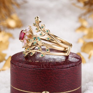 Vintage Ruby Floral Engagement Ring Set Yellow Gold Sunflower Inspired Opal Wedding Ring Emerald ...