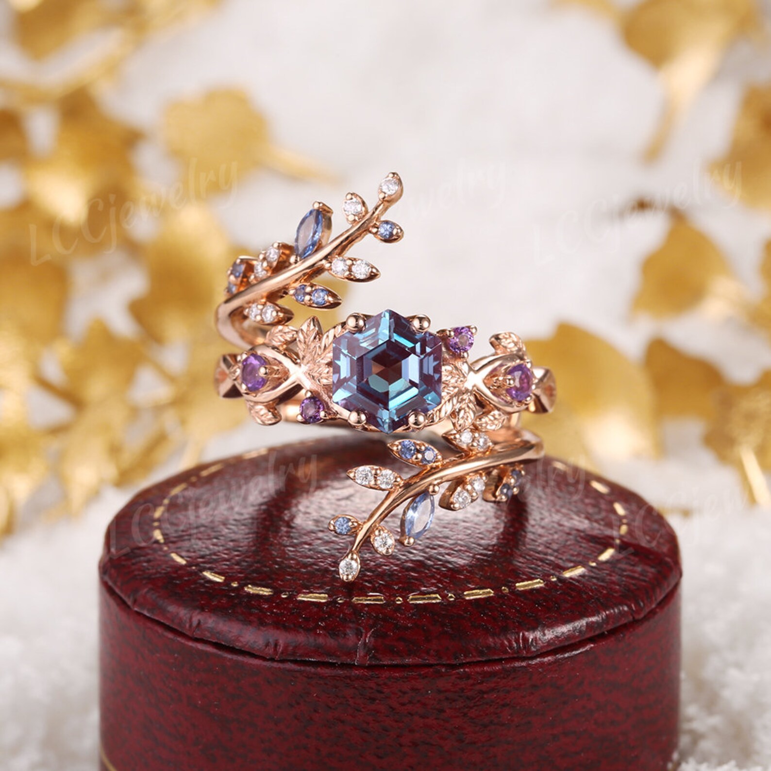 Vintage Alexandrite Floral Engagement Ring Set Rose Gold - Etsy