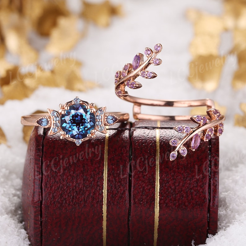Vintage Alexandrite Engagement Ring Set Rose Gold Alexandrite - Etsy