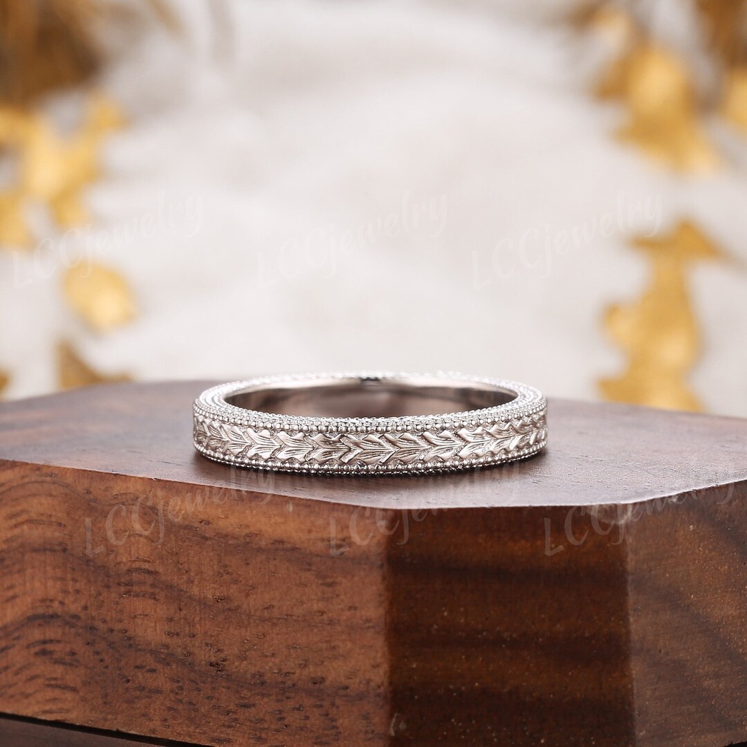 Vintage Filigree Leaf Inspired Wedding Ring White Gold Nature Inspired Straight Wedding Band ...