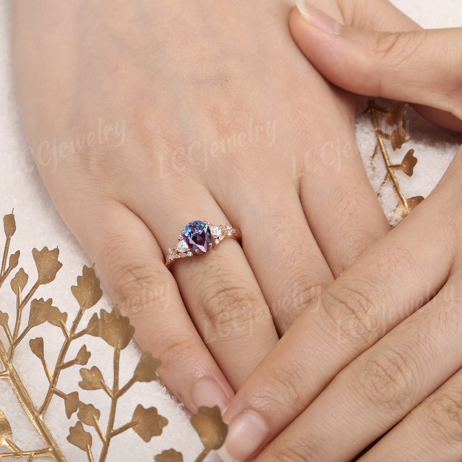 Vintage Pear Cut Alexandrite Engagement Ring Rose Gold Art Deco Ring ...