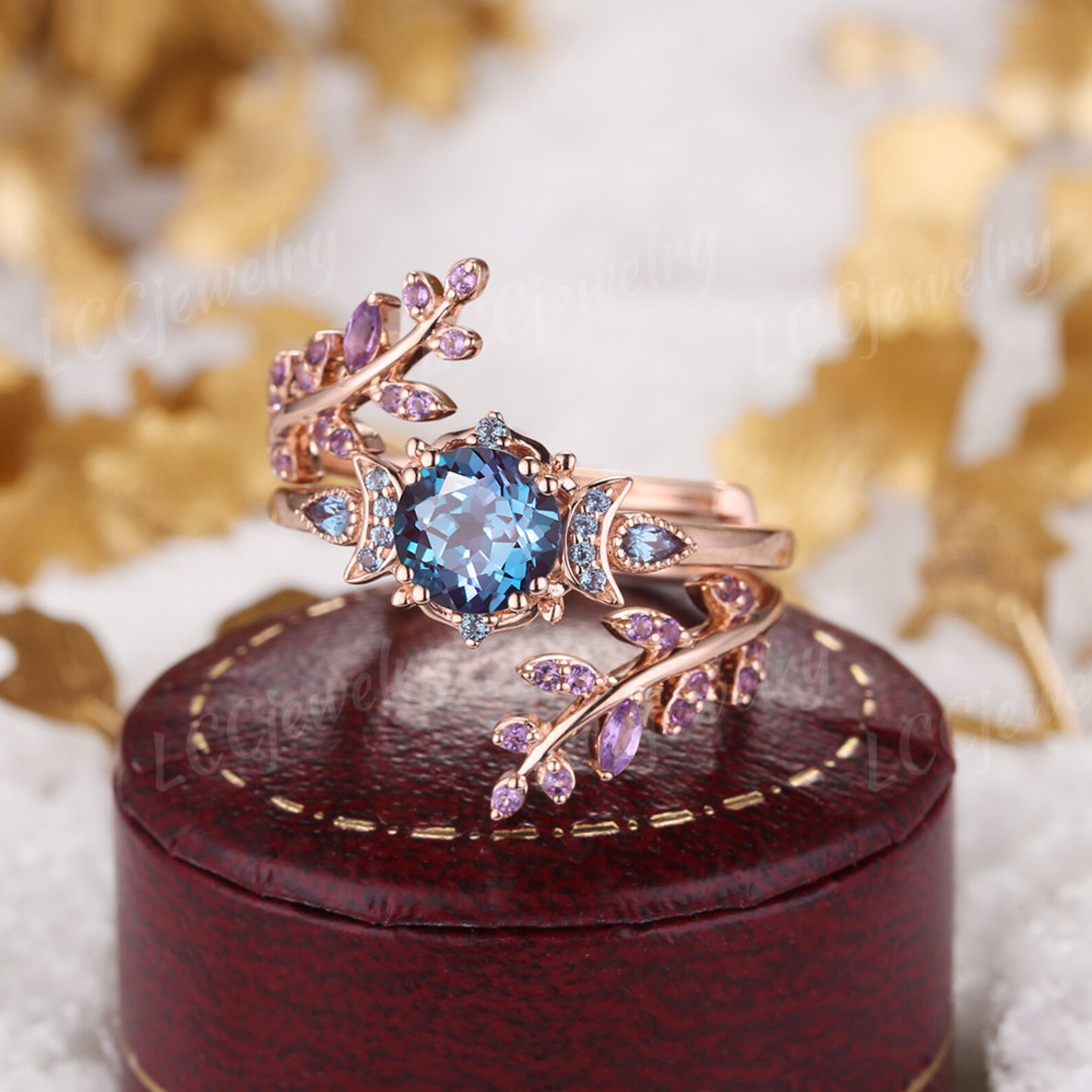 Vintage Alexandrite Engagement Ring Set Rose Gold Alexandrite - Etsy