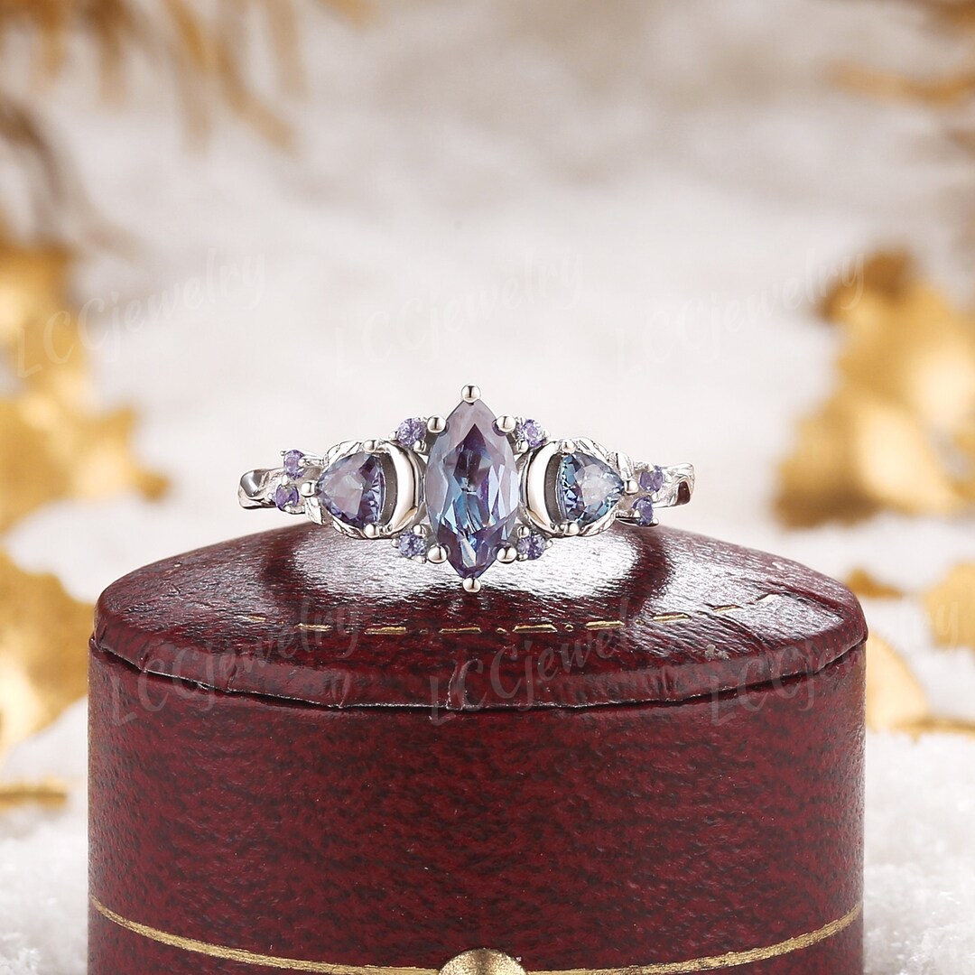 Unique Marquise Cut Alexandrite Woodland Leaf Engagement Ring White ...