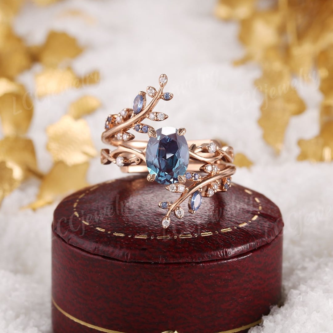Unique Alexandrite Floral Engagement Ring Set Vintage Rose Gold Leaf ...