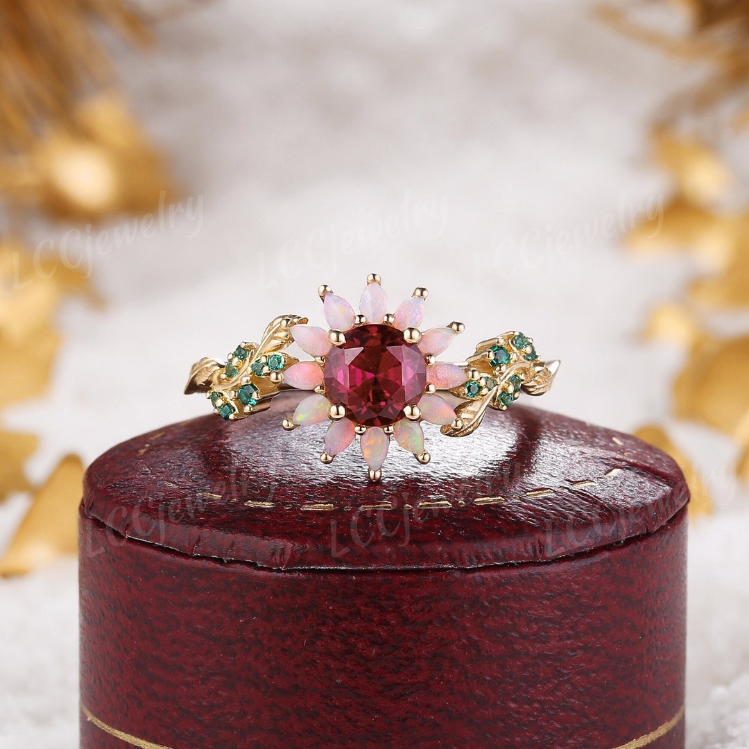 Vintage Round Cut Ruby Engagement Ring Nature Inspired Opal Wedding ...