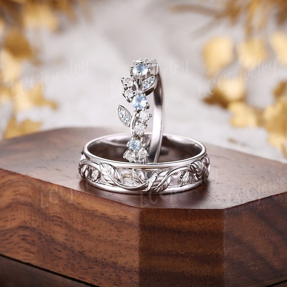 Leaf Couple Rings Set for Men and Women Mens Wedding Band Aquamarine Floral Engagement Ring White Gold Wedding Ring Set Handmake Jewelry Etsy