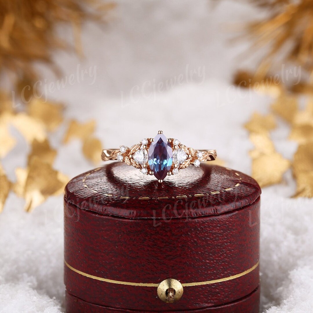 Unique Marquise Cut Alexandrite Engagement Ring Rose Gold Leaf Floral Moissanite Cluster Wedding ...
