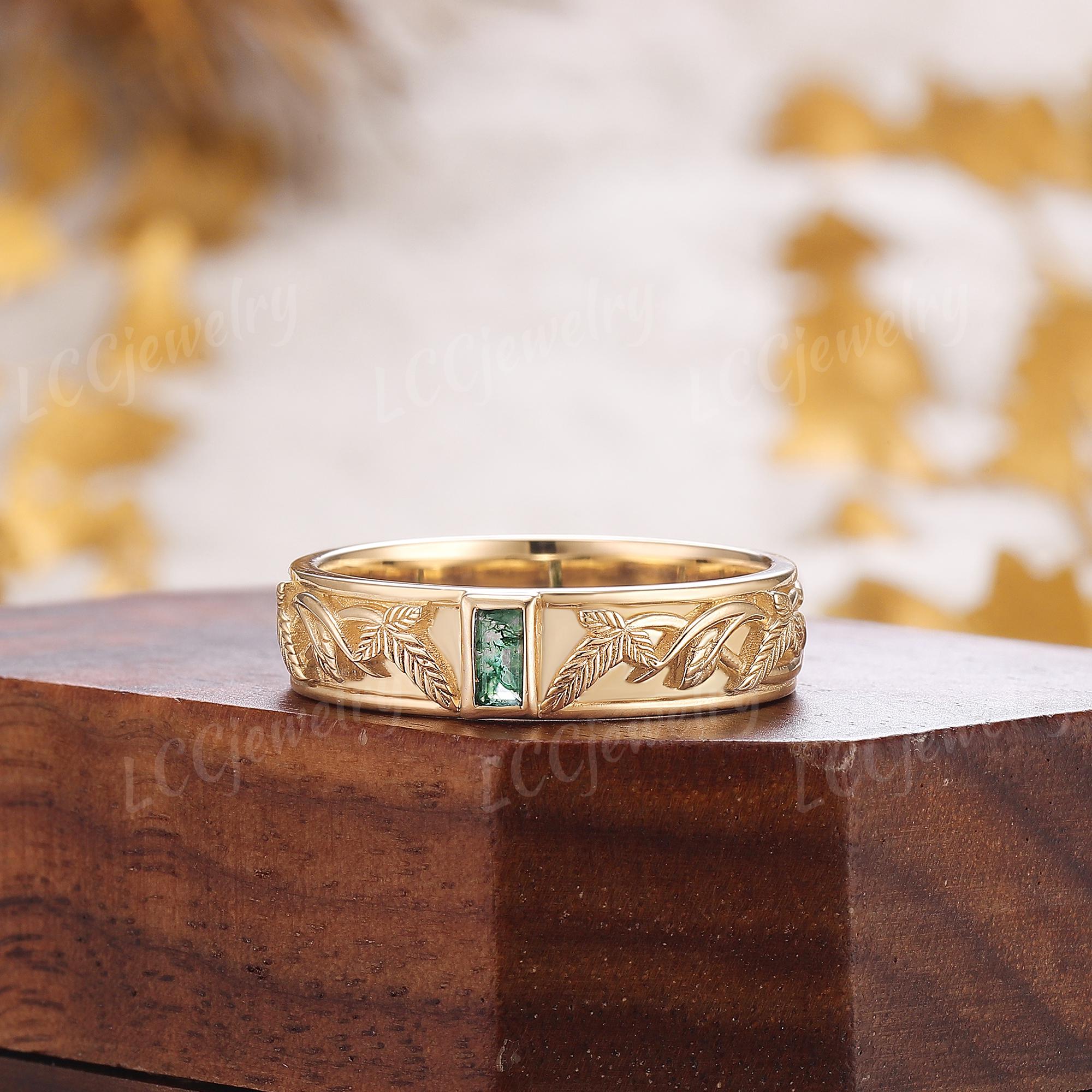 5MM Unique Green Moss Agate Mens Wedding Band Yellow Gold Nature ...