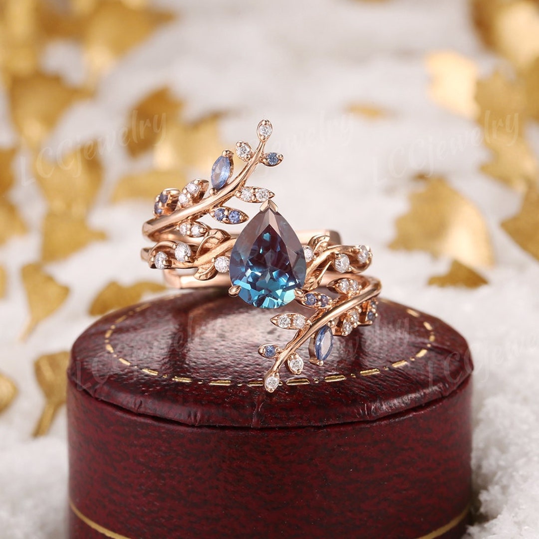 Unique Alexandrite Wedding Ring Set Vintage Handmake Leaf Floral ...