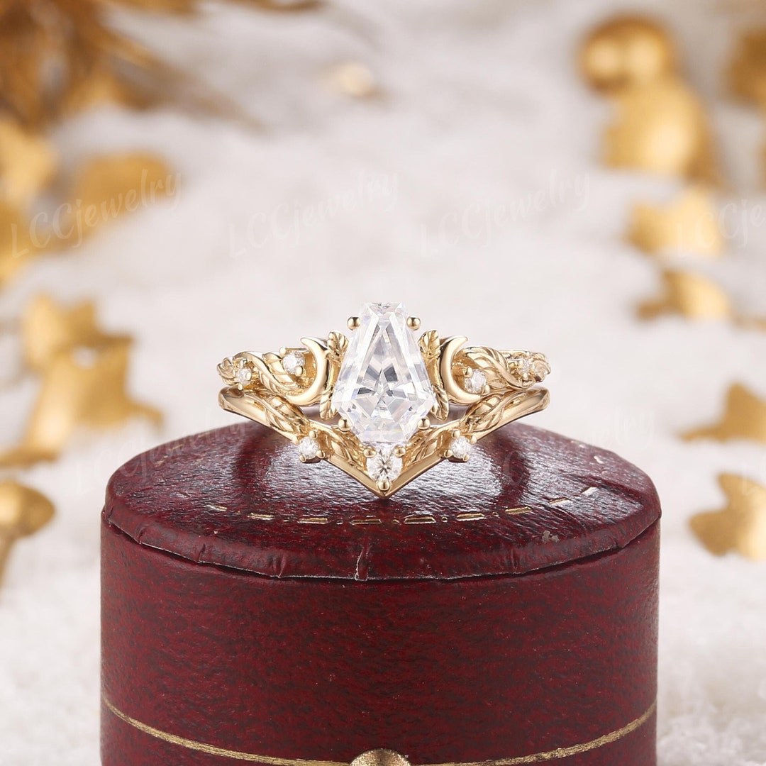 Unique Coffin Cut Moissanite Engagement Ring Set Yellow Gold Nature ...