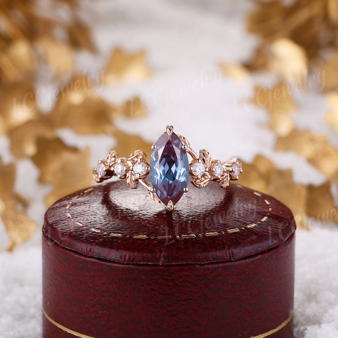Vintage Marquise Alexandrite Leaf Wedding Ring Alexandrite Floral ...