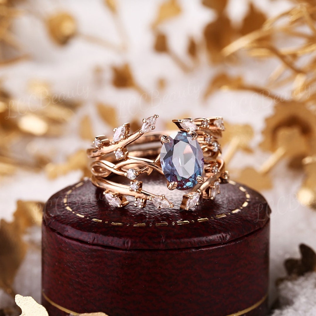 Vintage Alexandrite Engagement Rings Set Leaf Floral Ring Enhancer ...