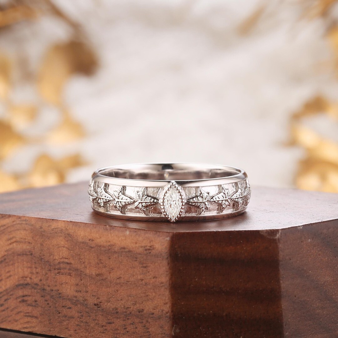 Unique Unisex Mallorn Leaves Wedding Band White Gold Marquise ...