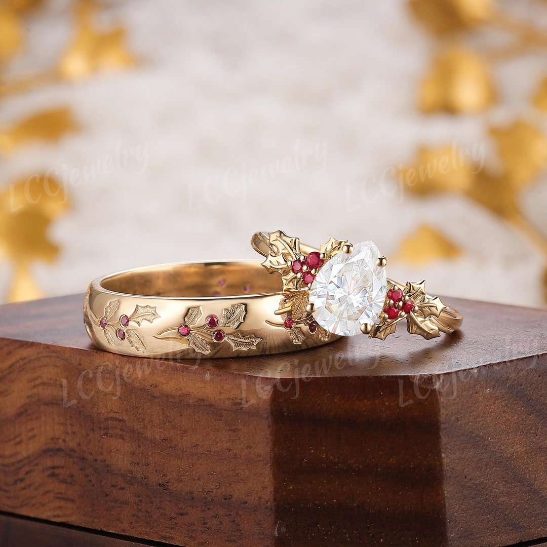 Christmas Ruby Holly Leaves Design Couple Ring Pear Shaped Moissanite Engagement Ring Gold Ruby ...