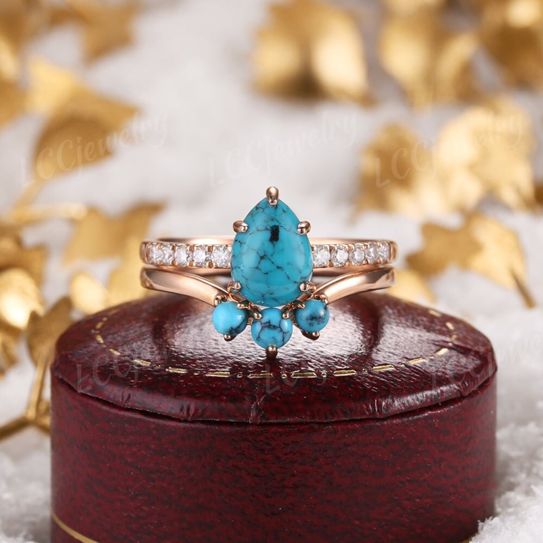 Vintage Turquoise Engagement Ring Set Half Eternity Moissanite Wedding ...