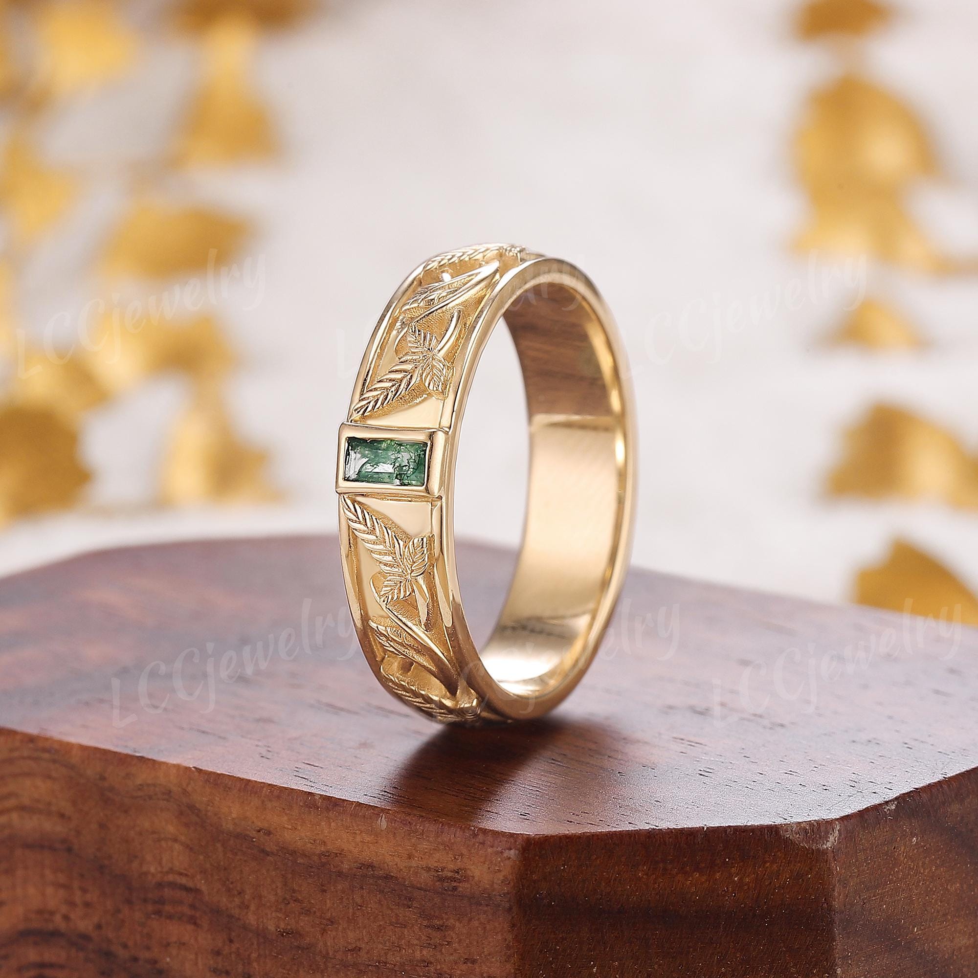 5MM Unique Green Moss Agate Mens Wedding Band Yellow Gold Nature ...