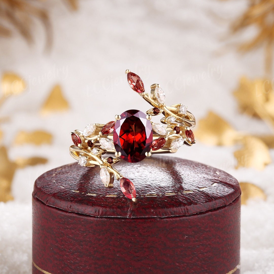 Vintage Oval Cut Ruby Engagement Ring Set Leaf Floral Enhancer Ring ...