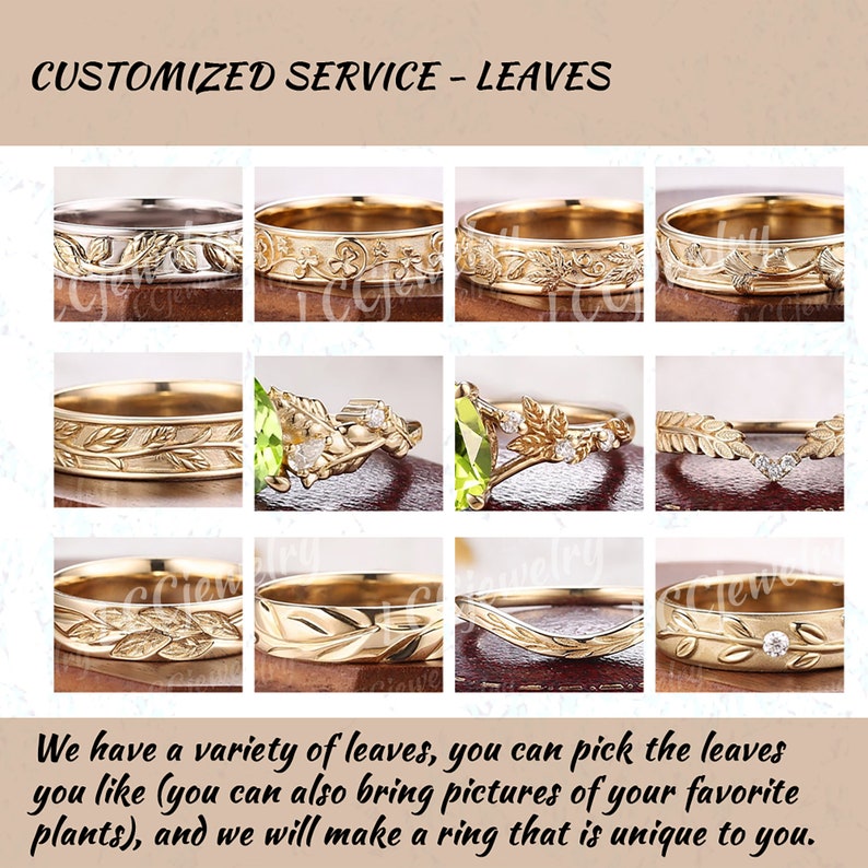 2pcs Couple Rings Leaf Engagement Ring Set Yellow Gold Nature Inspired ...
