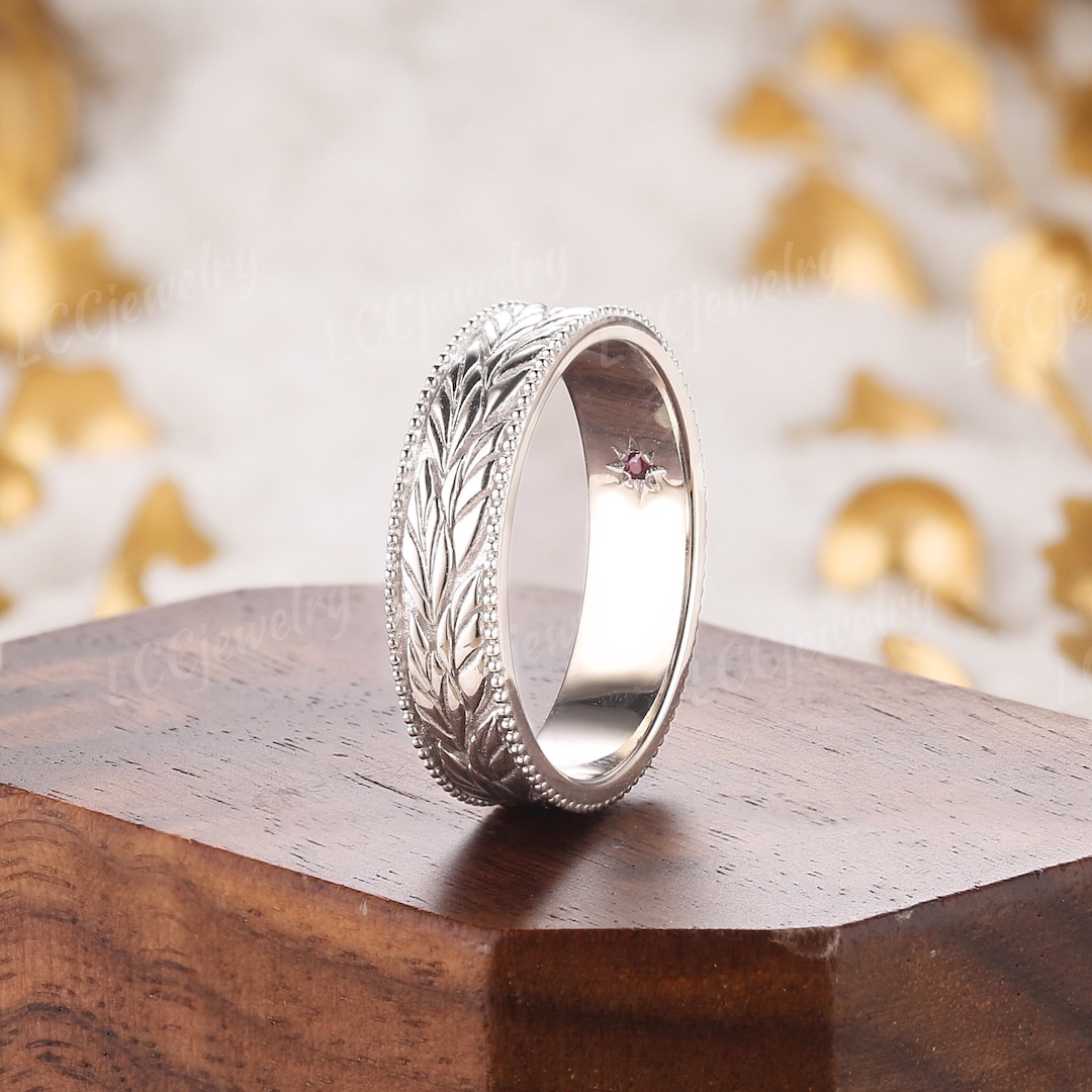 5mm Nature Inspired Leaf Design Mens Wedding Band Unique White Gold ...