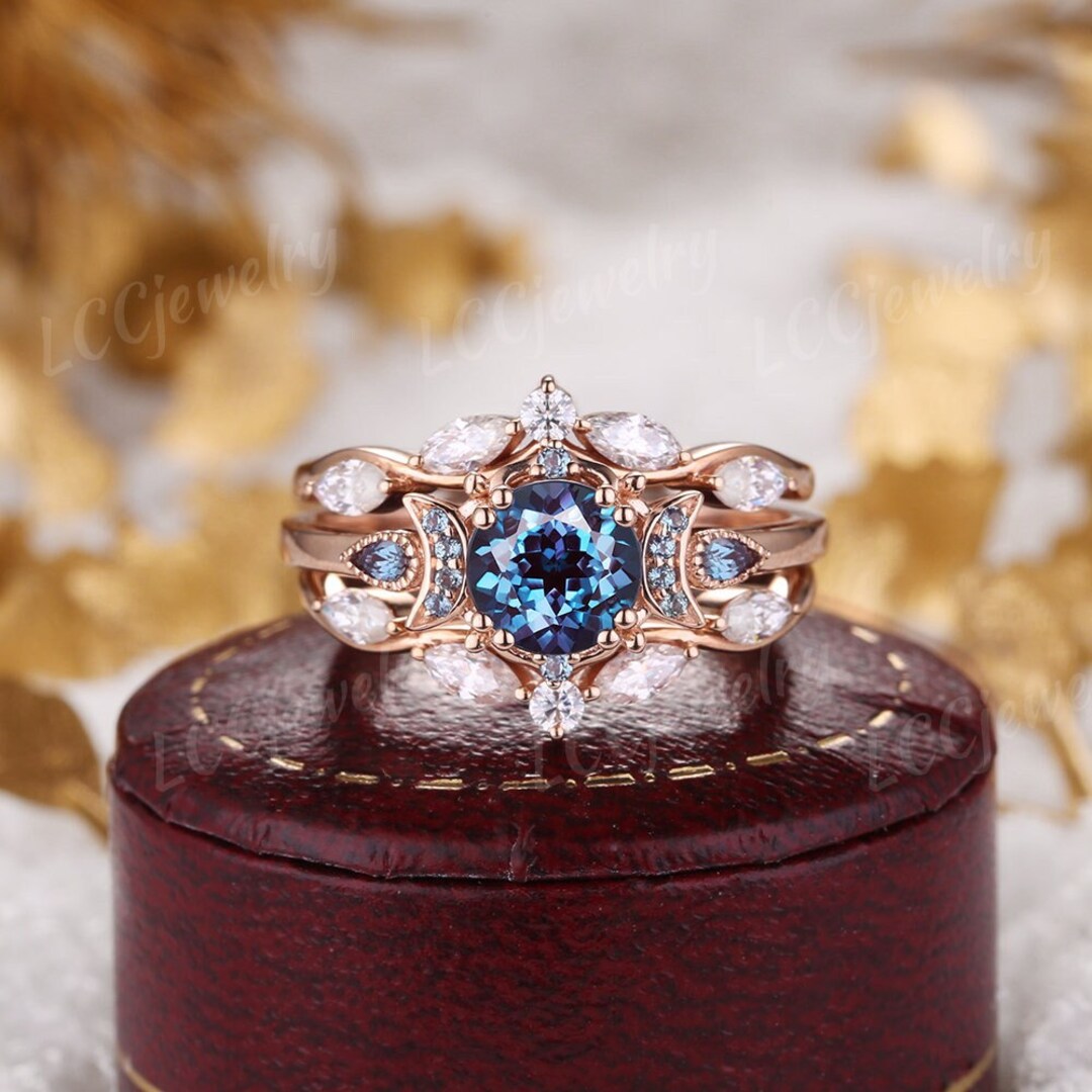 Vintage Alexandrite Wedding Ring Set Rose Gold Alexandrite Moon ...