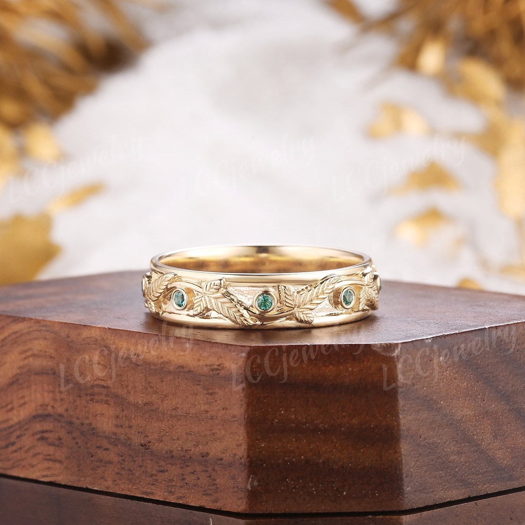 5.5mm Unique Round Emerald Mens Wedding Band Gold Stacking Engagement ...