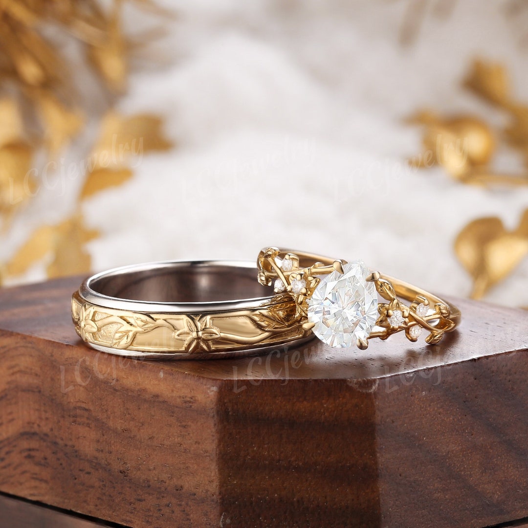 2pcs Nature Inspired Couple Rings Set Moissanite Leaf Floral Engagement ...