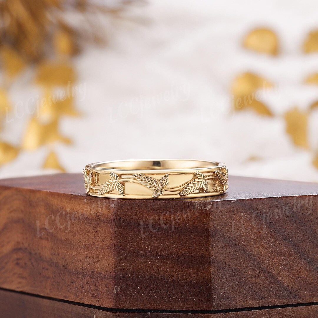 Unique Lorien Leaf Men's Wedding Band, 14k Yellow Gold Promise Ring ...