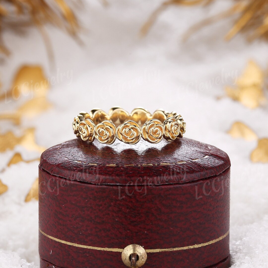 Unique Rose Flower Wedding Band Art Deco June Birth Flower Yellow Gold ...