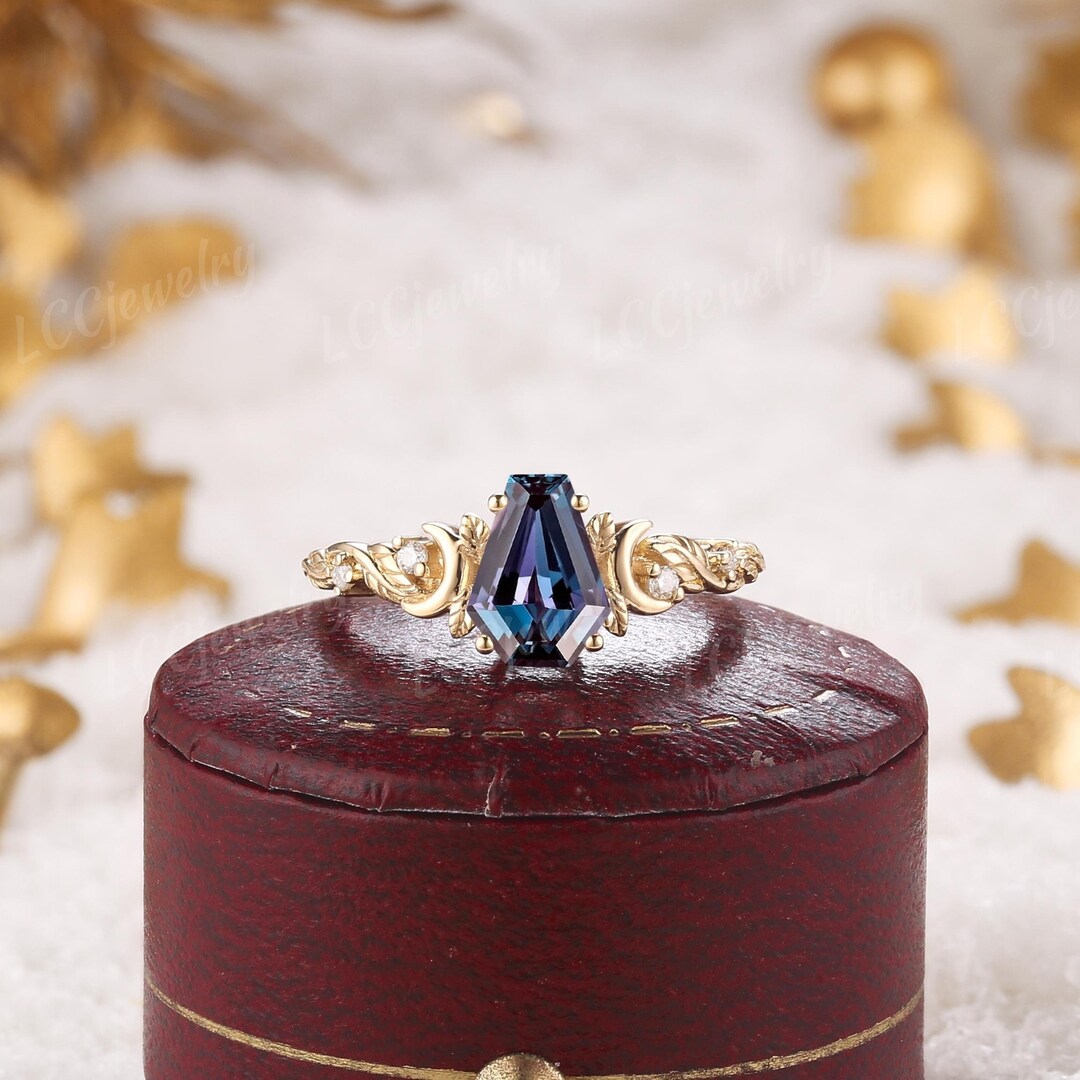 Unique Coffin Cut Alexandrite Engagement Ring Gold Nature Inspired Moon ...