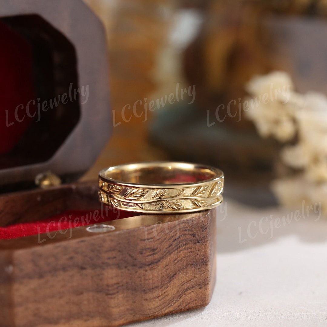 5mm Vintage Yellow Gold Mens Rings Wedding Band Nature Inspired Leaf ...