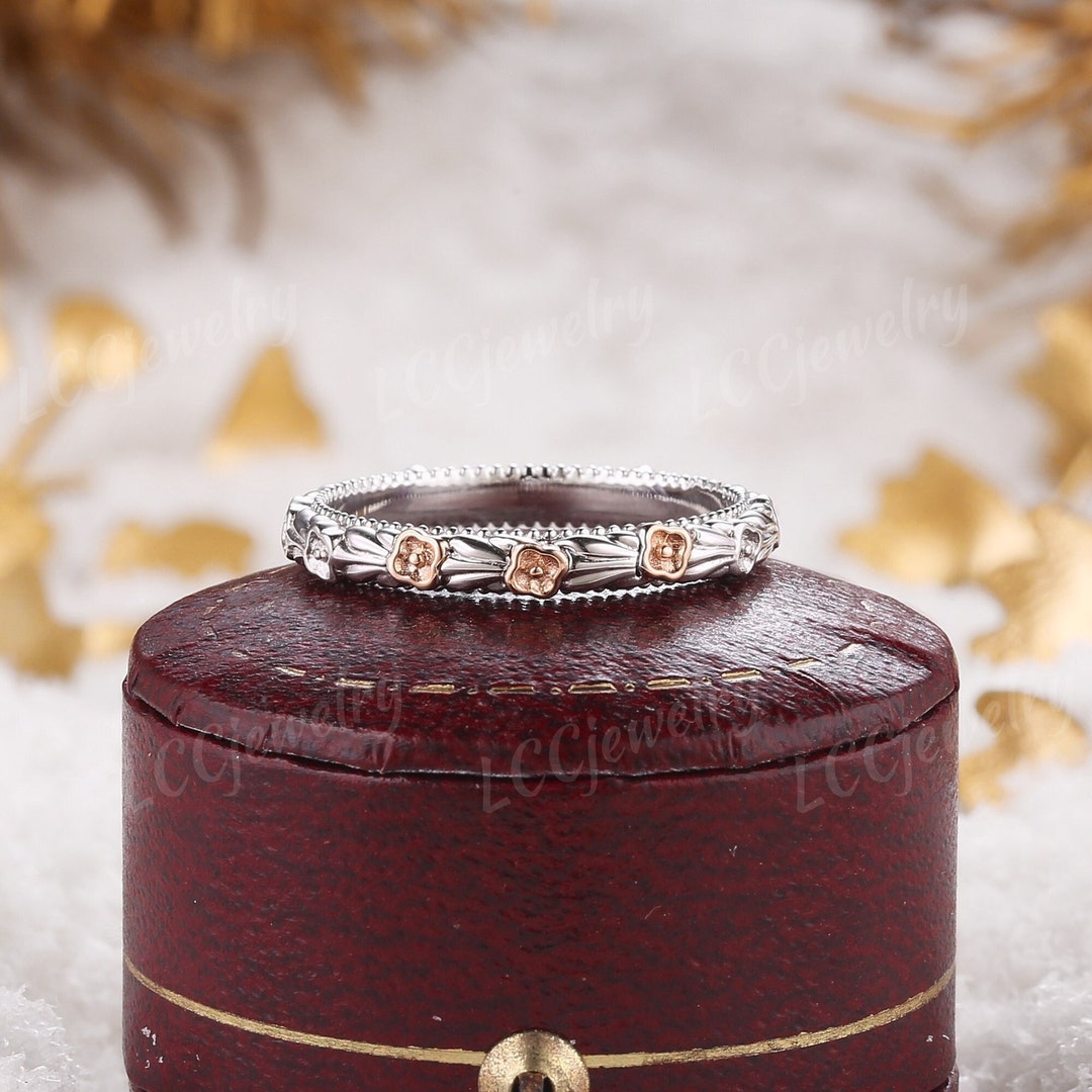 Unique Two Tone Floral Wedding Band White and Rose Gold Leaf Engagement ...