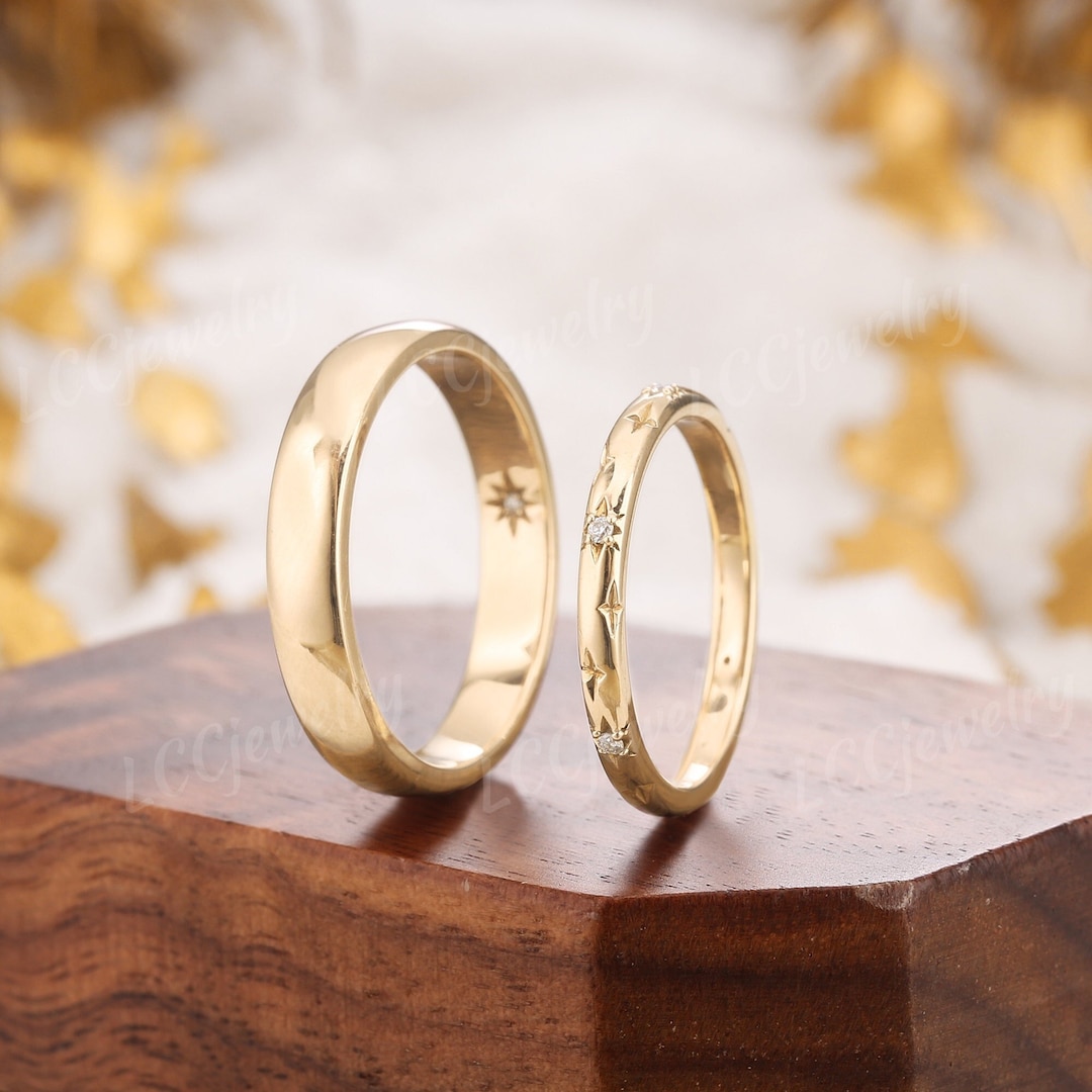 2pc Star Design Couple Rings Set for Men and Women, Diamond Engagement ...