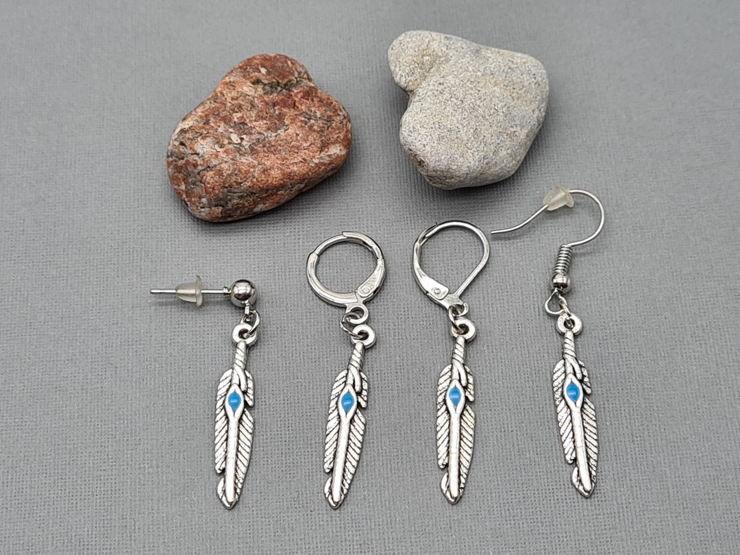 One Men Dangle Guys Dangle Feather Earring Men Silver Men Feather ...