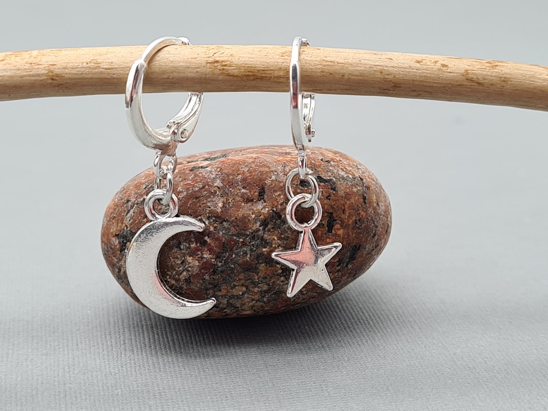 One Moon Dangle, Star Earring, Silver Moon Dangle, Crescent Dangle ...