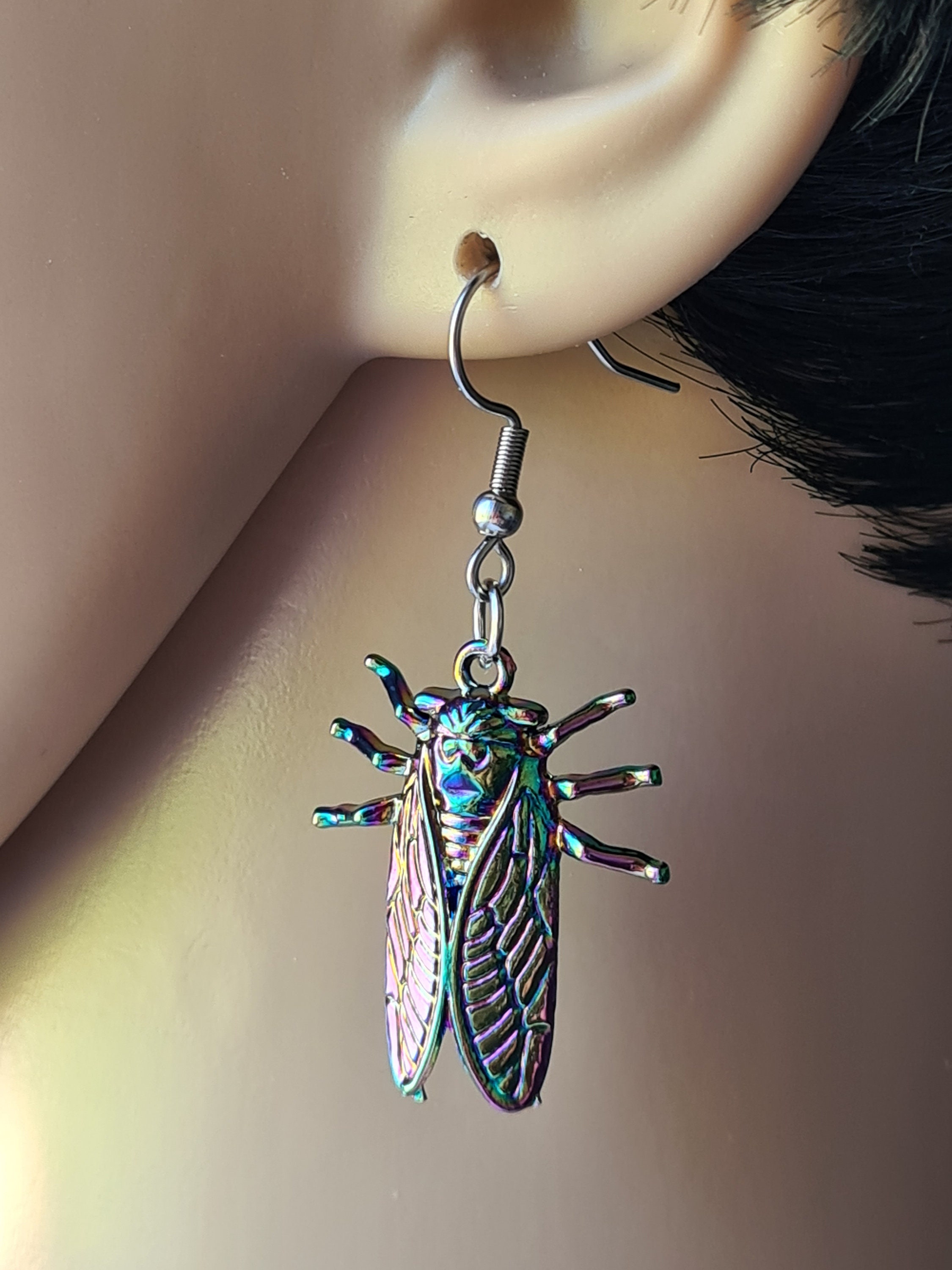 Cicada Earrings Cicada beetle bug statemant earrings rainbow | Etsy