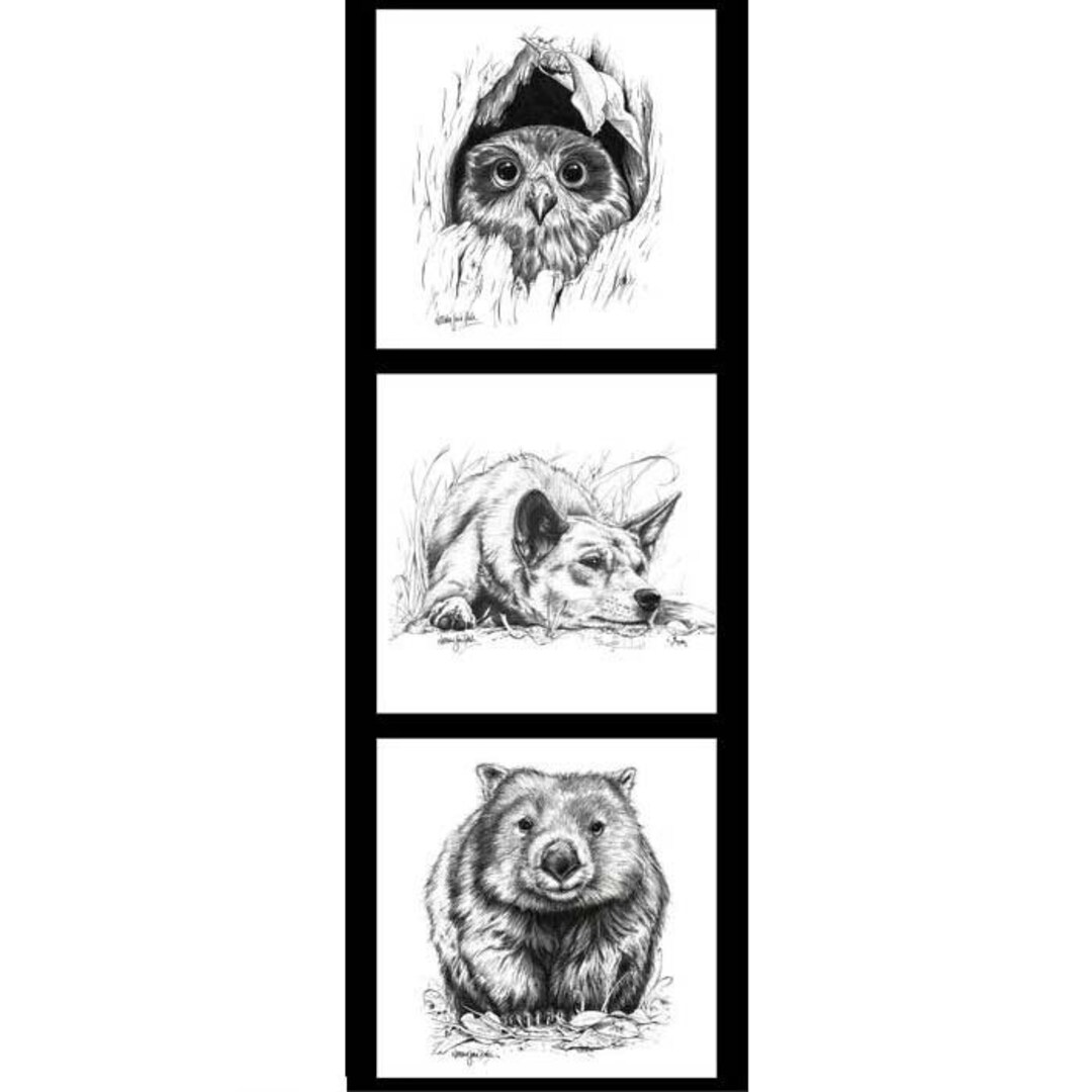 Patchwork Quilting Owl Dingo Wombat Line Drawing Panel 40x110cm Fabric ...