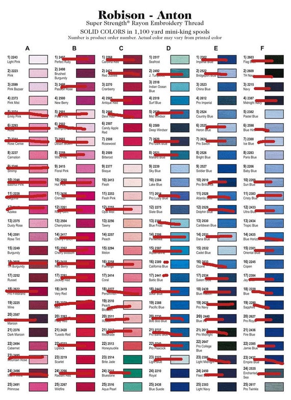 Robison Anton Embroidery Thread Color Chart
