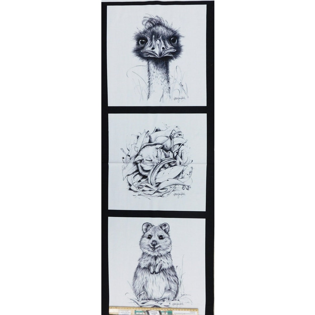 Patchwork Quilting Emu Possum Quokka Line Drawing Panel 40x110cm Fabric ...
