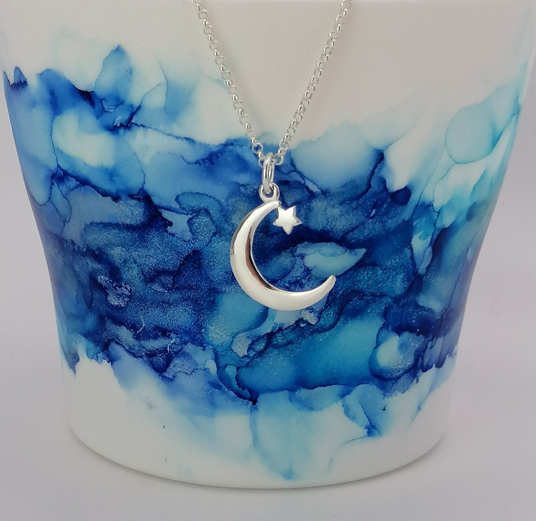 Sterling Silver Moon and Star Pendant Necklace - Etsy