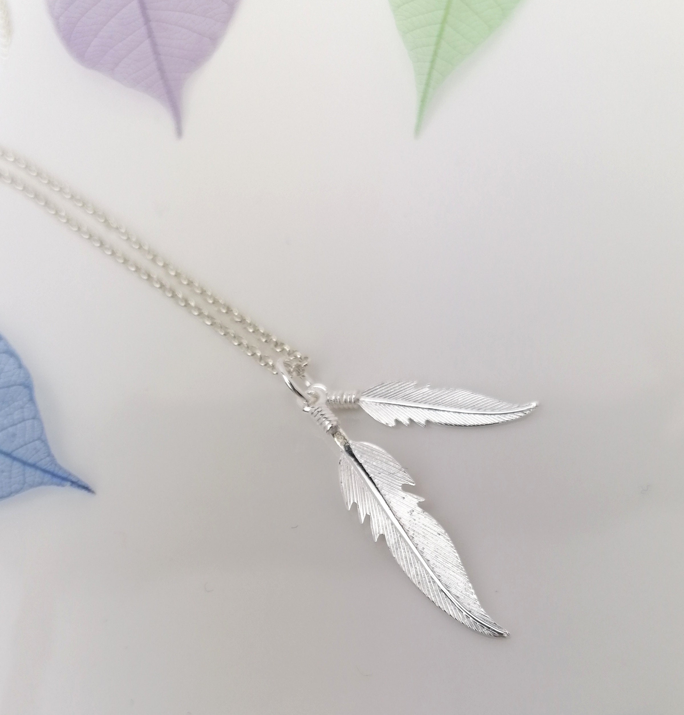 Sterling Silver Double Feather Pendant - Etsy