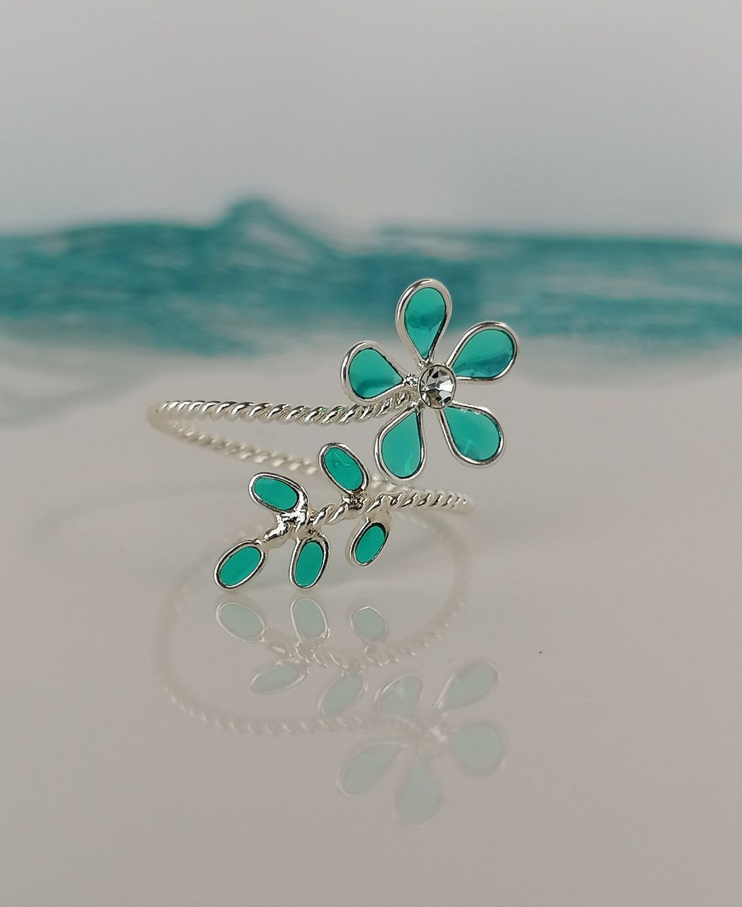 Sterling Silver Flower and Leaf Ring, Decorated With Various Colored ...