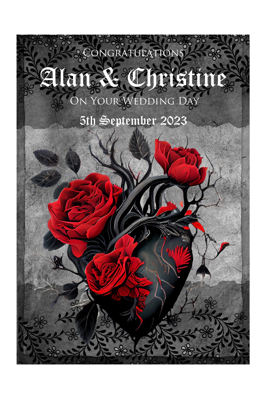 Personalised Gothic Black Heart & Red Roses Wedding or - Etsy