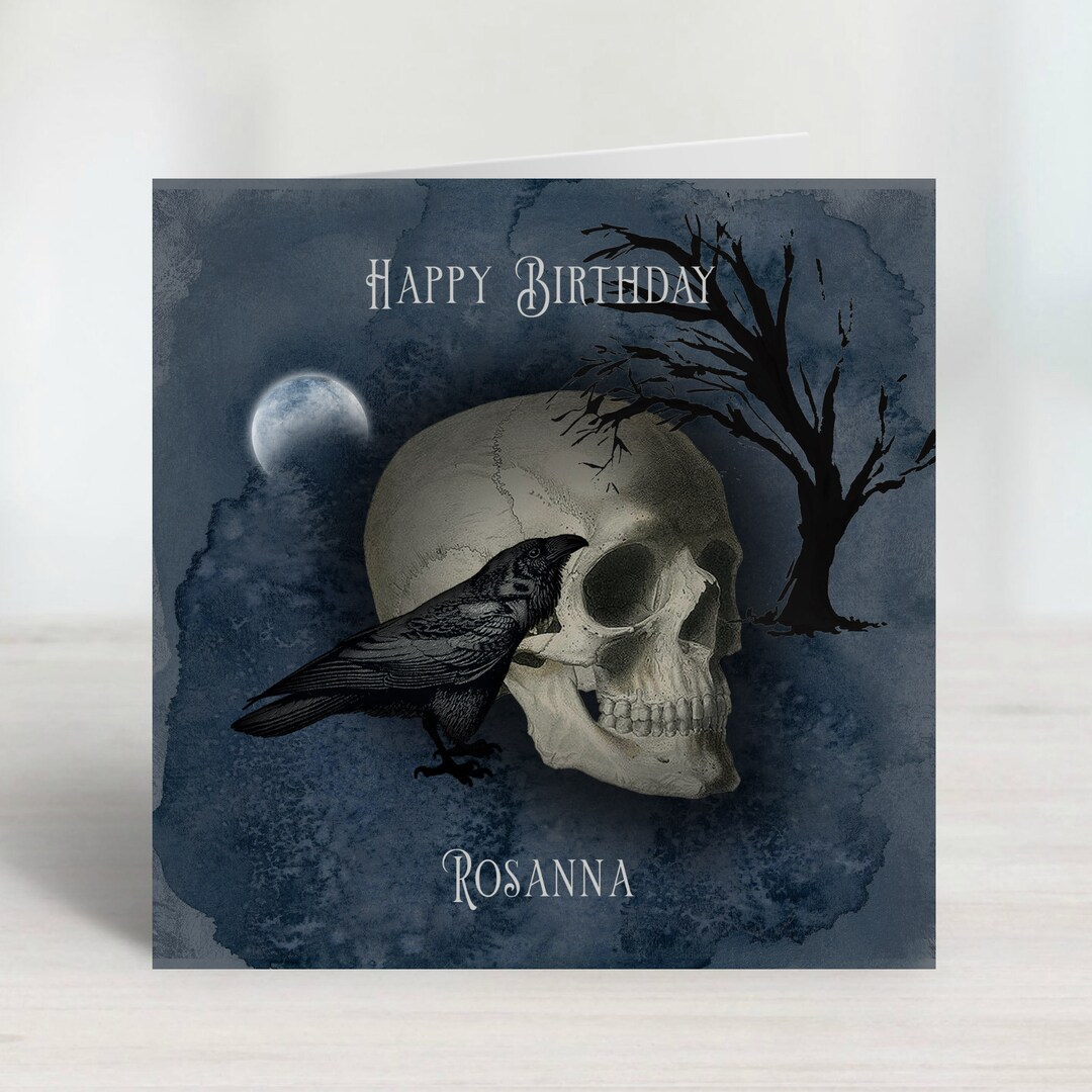 Personalised Blue Moon & Raven With Skull Gothic, Alternative Birthday ...