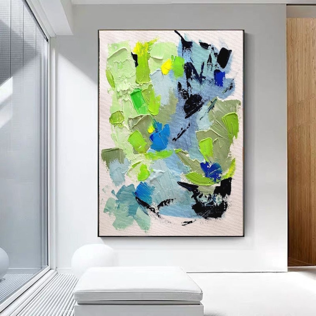 LARGE ABSTRACT Wall Art Green Blue Impasto Painting on Canvas Textured ...