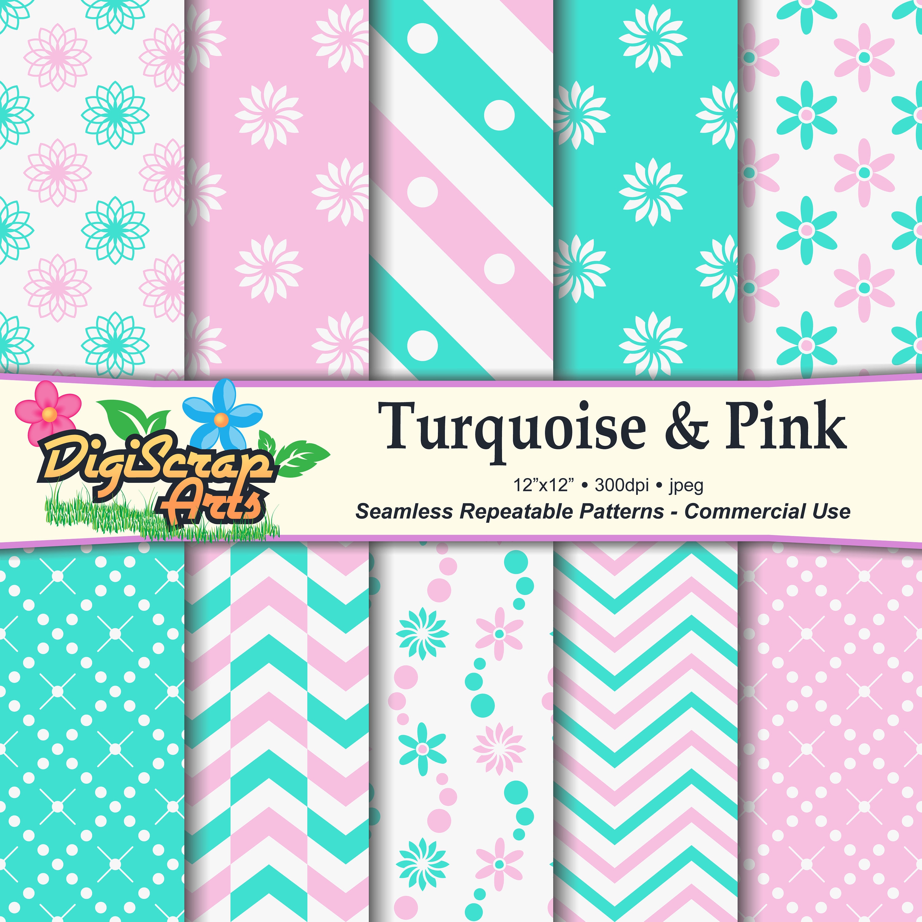 10 Pink and Turquoise Floral Digital Paper Backgrounds Instant Download ...