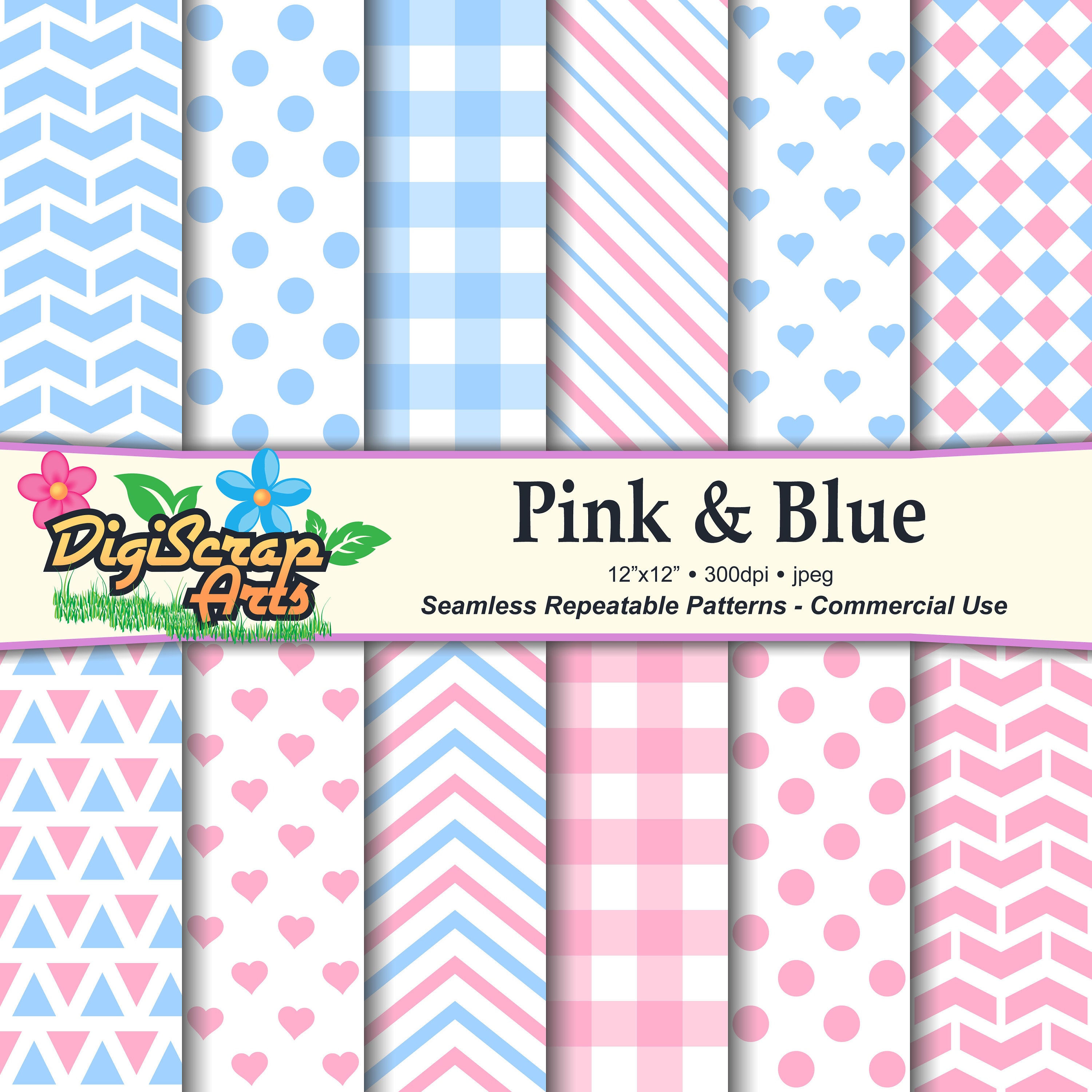 12 Pink and Blue Digital Paper Backgrounds – Instant Download – Digital ...