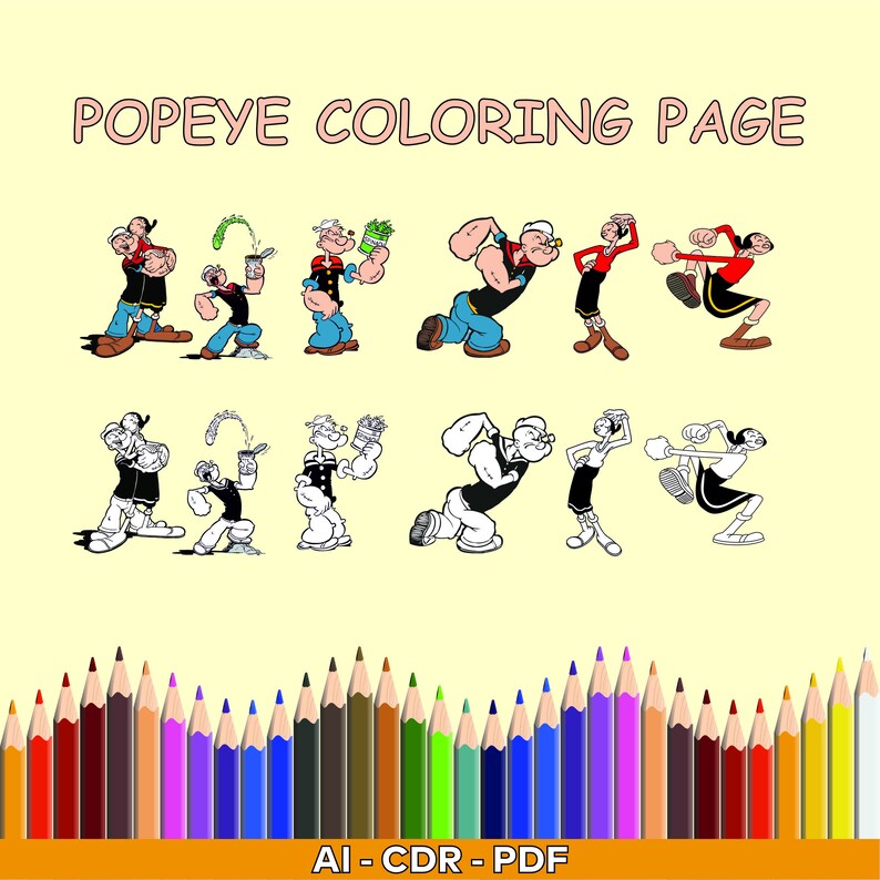 Popeye Digital Cartoon Coloring Page Drawing Files AI - Etsy